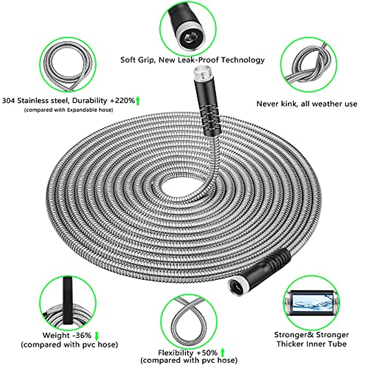 200 ft Garden Hose -Metal Water hose with Nozzle &10 Function Sprayer,Flexible, Heavy Duty,No Kink& Tangle, Lightweight, 304 Stainless Steel Car Washing Hoses Pipe for Outdoor,Yard