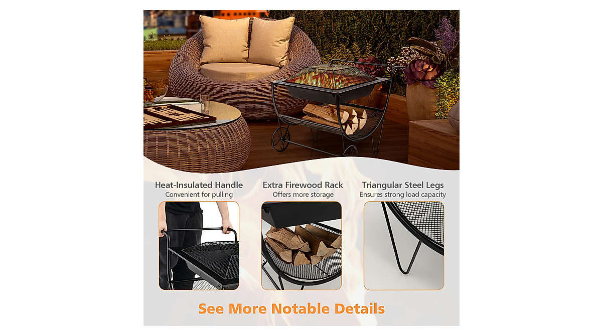 Tangkula Outdoor Fire Pit with Wheels and Firewood Log Rack, Patio Wood ...