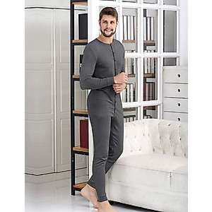 COLORFULLEAF Men's Cotton Thermal Underwear Henley Union Suits Onesies Base Layer (Dark Grey, M)