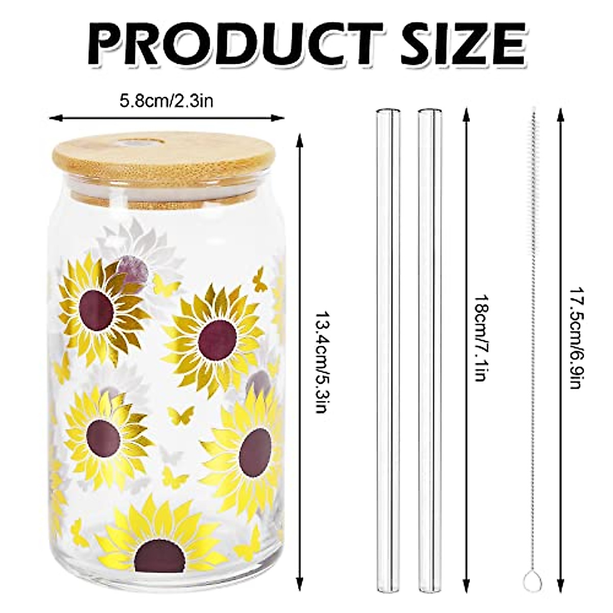 Whaline Glitter Sunflower Beer Can Glasses with Bamboo Lids and Straw Summer Sunflower Drinking Glasses Iced Coffee Cup for Holiday Travel Cocktails Whiskey Beer Soda Gifts, 2Pcs