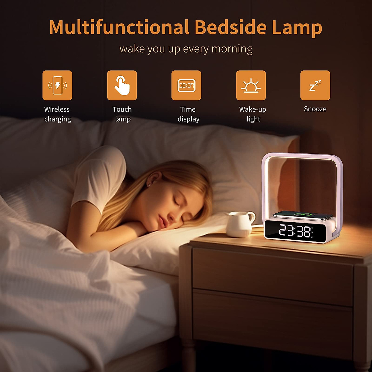 Guidea Alarm Clock Lamp, Wake-Up Light with Sunrise Simulation, Bedside Lamp with Clock, Table Lamp with Wireless Charger, Touch LED Night Light