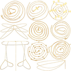 10 Pieces Belly Waist Chain Bikini Waist Chain Summer Beach Hip Retro Waist Belt Chains Body Jewelry Set for Women Girls, Gold