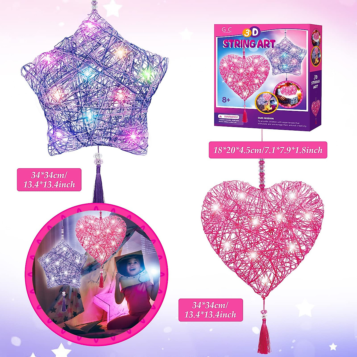 G.C 3D String Art Kit for Kids Arts and Crafts for 8 9 10 11 12 Year Old Girls Boys DIY Light up Heart Star Lantern Toys Birthday Gifts 20 Multi-Colored LED Bulbs