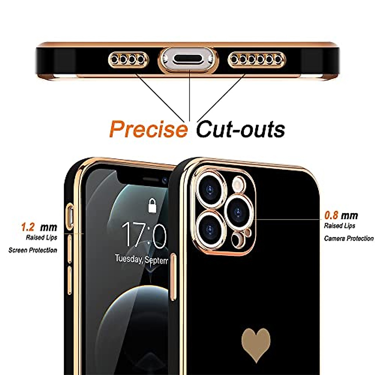 Teageo for iPhone 12 Pro Max Case for Women Girl Cute Love-Heart Luxury Bling Plating Soft Back Cover Raised Camera Protection Bumper Silicone Shockproof Phone Case for iPhone 12 Pro Max, Black