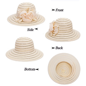 Wide-Brim Kentucky-Organza-Derby-Hat for Women Lady Tea Party Fascinators Cap Church Wedding Cap with Flower Beige