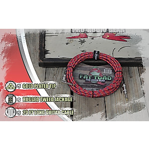 Fat Toad Guitar Cable Right Angled to 1/4 Straight-End Instrument Cord Tweed Cloth Jacket Braided Woven 20FT Quarter Inch Gold Jack TS for Electric Guitar, Bass, Keyboards | Shielded 24 AWG Patch