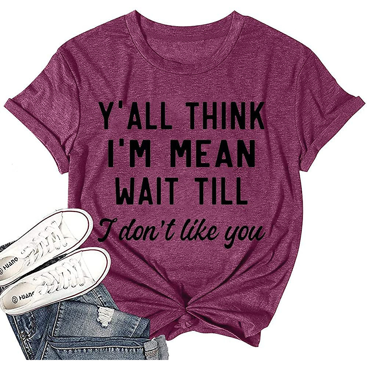 Women Y'all Think I'm Mean Wait Till I Don't Like You Funny Graphic Saying Short Sleeves Shirt Comfy Novelty Print Casual Clothes, Purple S