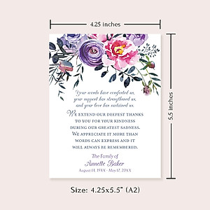 Hello Love Goods Pink and Purple Floral Funeral Thank You Cards, Sympathy Acknowledgement Cards, 4.25x5.5 Flat Bereavement Notecards with Envelopes