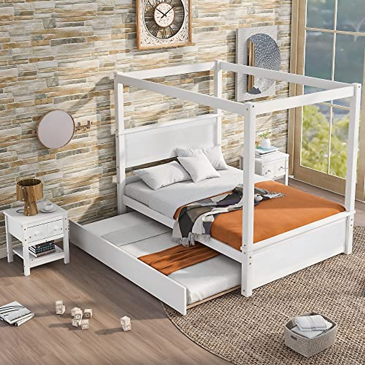 Bellemave Full Size Wood Canopy Bed with Trundle and Two Nightstands, 4-Post Platform Frame Headboard, 3 Pieces Bedroom Set (Brushed White) Full Canopy Bed+2 Nightstands
