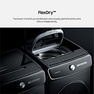 SAMSUNG 7.5 Cu. Ft. Smart Dial Electric Dryer with FlexDry, Dry 2 Loads in 1 Large Capacity Machine, Super Speed 30 Minute Clothes Drying Cycle, WiFi Connected Control, DVE60A9900V/A3, Brushed Black