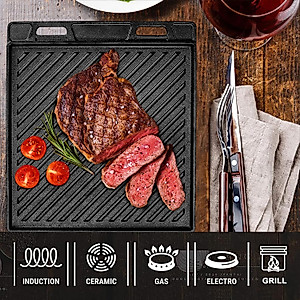 Cast Iron Reversible Grill Plate, Cast Iron Cookware with Removable Handle, Cast Iron Steak Plate Sizzle Griddle, Cast Iron Skillet Pan, Pre-Seasoned Cast Iron Oven Grill Pan (11.6"x12" Rectangular)