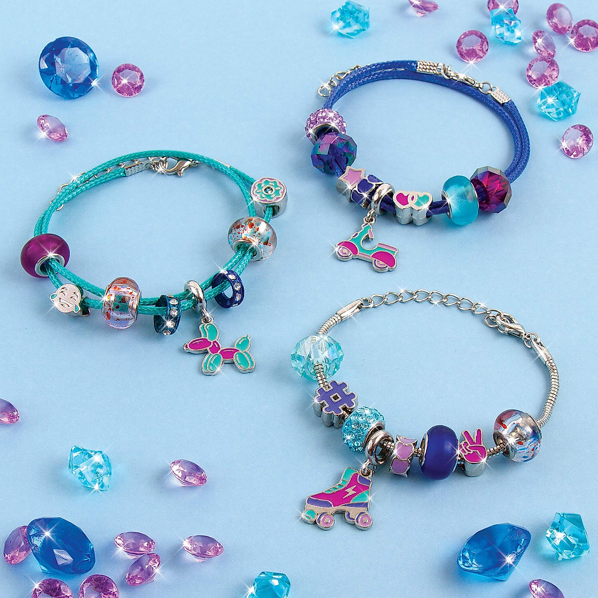 Make It Real - Halo Charms Bracelets True Blue - DIY Charm Bracelet Making Kit - Friendship Bracelet Kit with Beads, Charms & Cord - Arts & Crafts Bead Kit for Girls - Makes 3 Bracelets