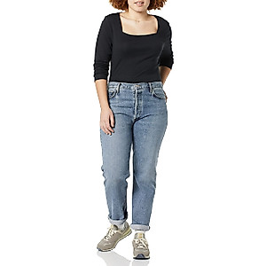 Amazon Essentials Women's Slim-Fit Long Sleeve Square Neck T-Shirt, Black, Medium