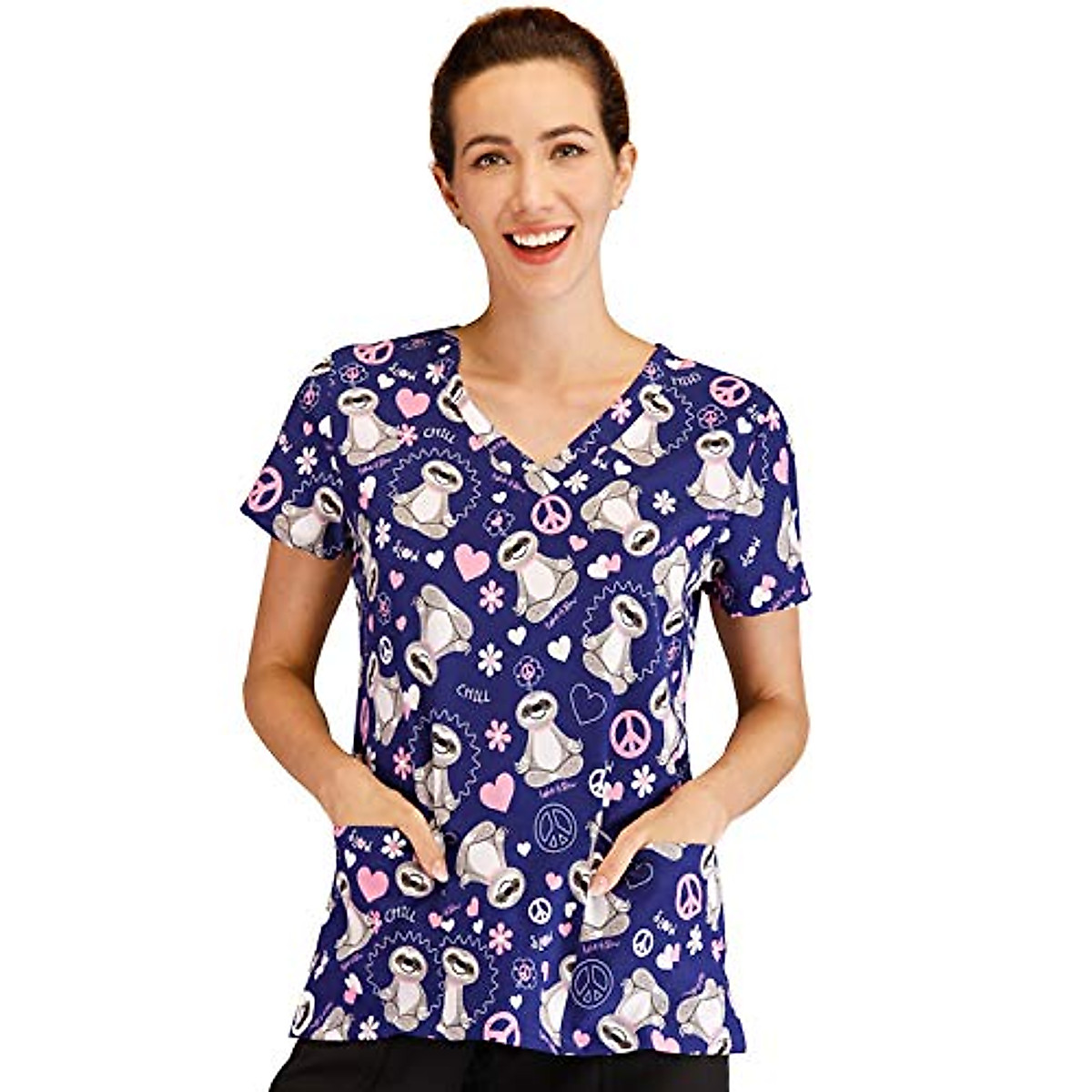 Minty Mint Women's Stretch Printed V-Neck Medical Scrub Top Navy Pink S