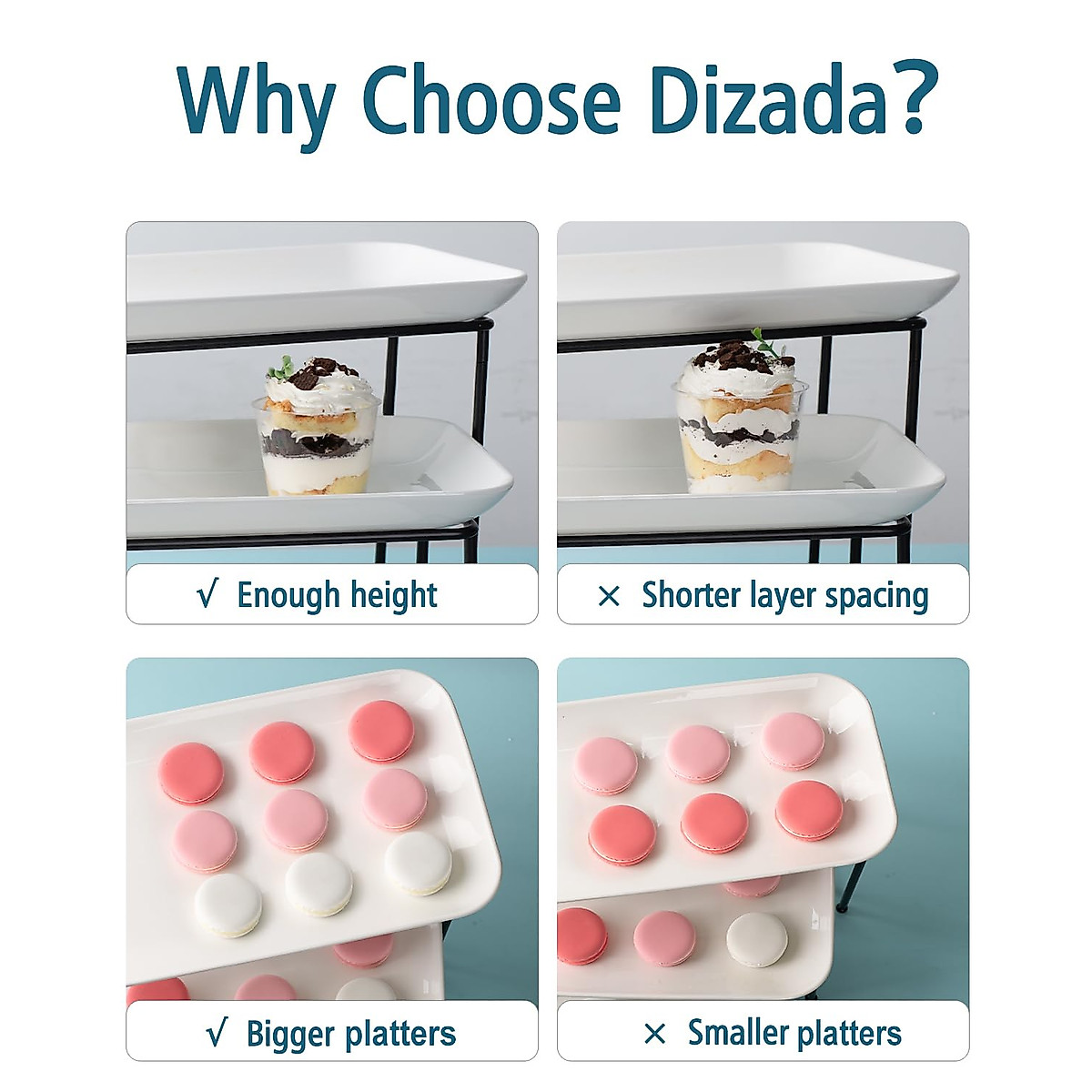 3 Tiered Serving Tray with White Porcelain Platters,Tiered Serving Stand Food Display Stand, Tiered Serving Trays & Platters, Rotatable Foldable Rectangular Plates for Dessert, Brithday Party & Events