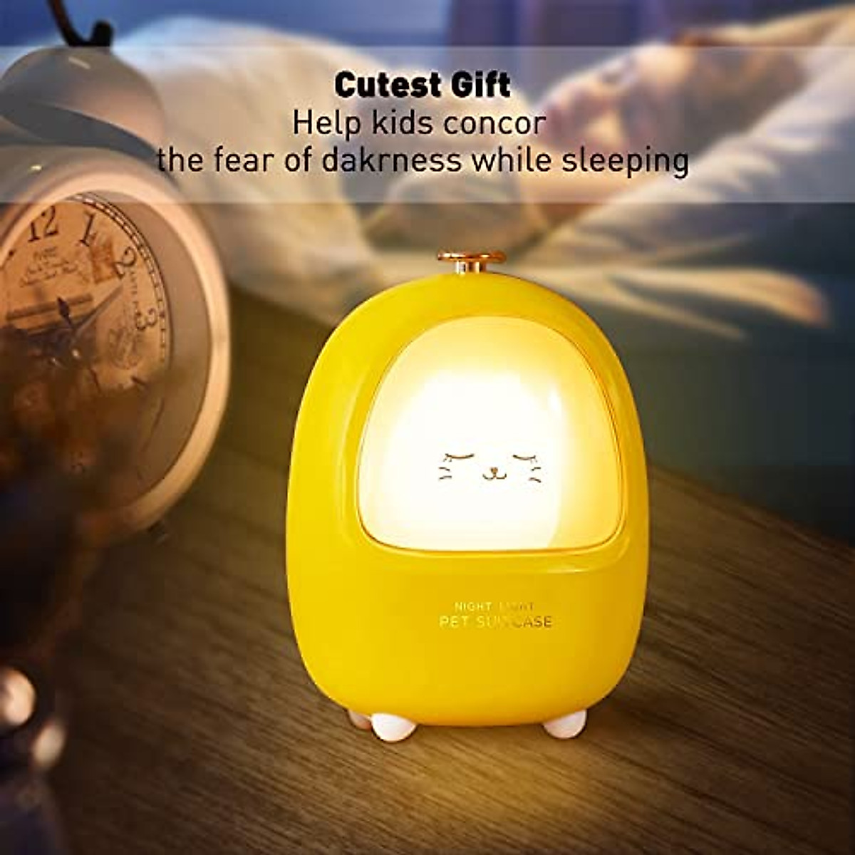 Smilodon Night Light Kids, Bedside Lamp for Children, Cute Toys for Kids, Children's Room Decoration, Kawaii Baby Night Light, Yellow Kitten, Portable, USB Rechargeable, Dimmable