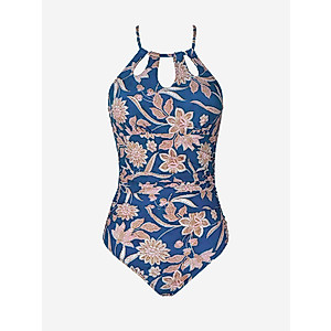 CUPSHE Women Swimsuit One Piece Tummy Control Ruched Self Tie Cutout Floral Bathing Suit, L