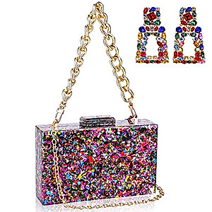 BOBOKA Acrylic Clutch Purses with Rhinestone Rectangle Dangle Earrings Glitter Purse for Women Multicolor Perspex Geometric Patterns Banquet Evening Bag Shoulder Crossbody Handbags