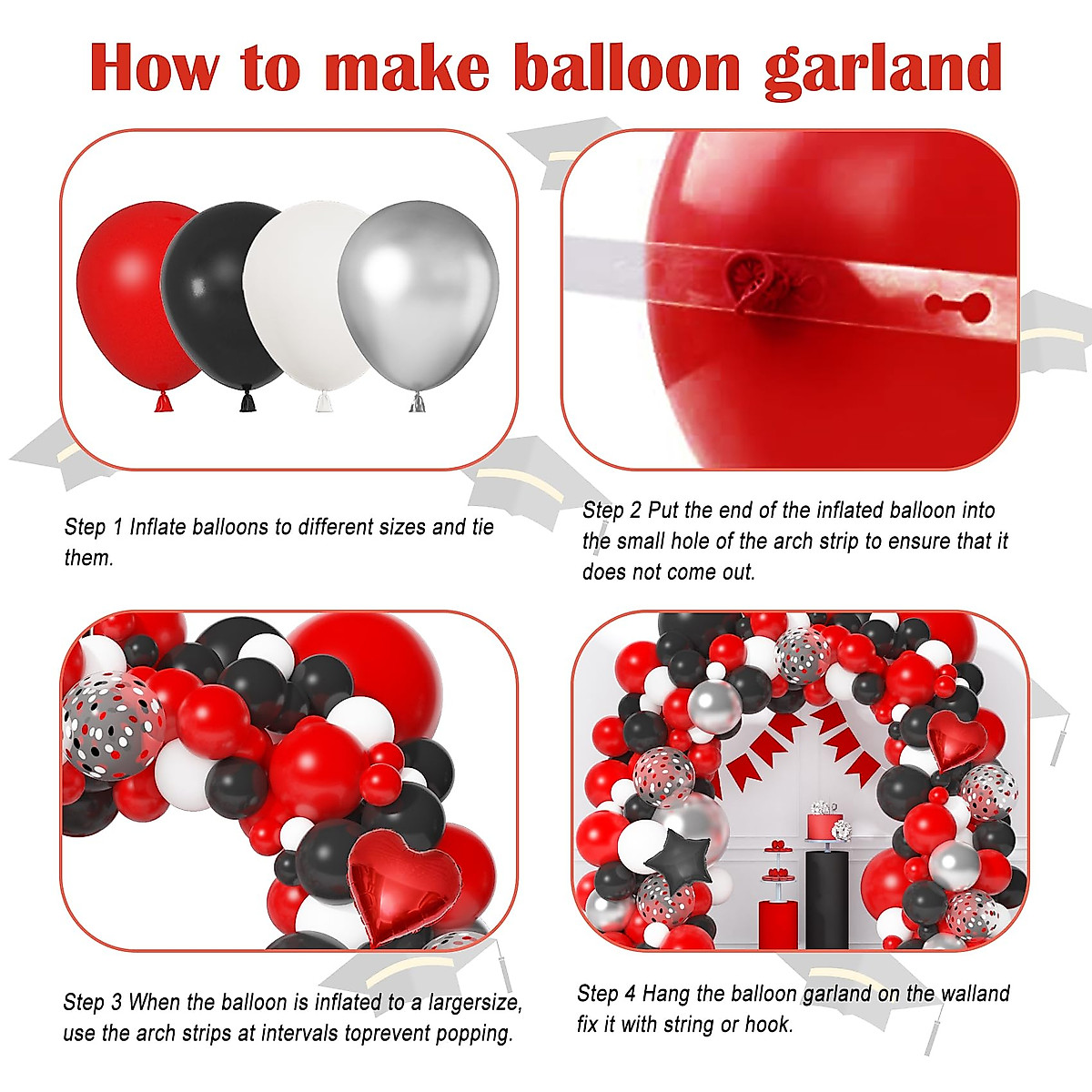 118Pcs Red and Black Balloons Arch Kit, Graduation Decorations Class of 2024 Red Black and White Balloons with Silver Confetti Foil Heart Star & Banner for School Casino Race Car Party Birthday