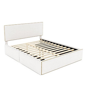 HBRR Queen Bed Frame with 4 Drawers, Upholstered Platform Queen Size Bed with Headboard Footboard, Wooden Slats Support, No Box Spring Needed, Easy Assembly, White