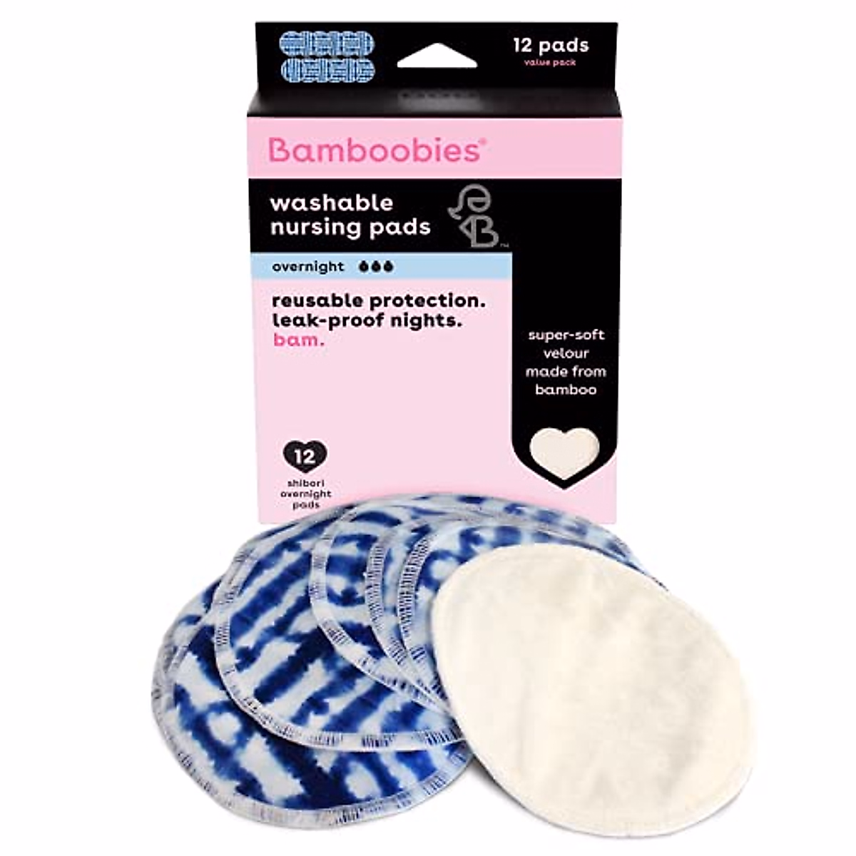 Bamboobies Women’s Nursing Pads, Reusable and Washable Overnight Pads, Leak-Proof Pads for Breastfeeding, Shibori Blue, 4 Pads