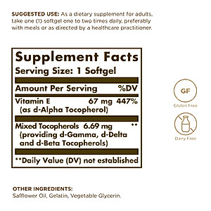 Solgar Vitamin E 67 mg (100 IU) - 100 Softgels, Pack of 2 - Antioxidant Support - Gluten & Dairy Free - 200 Total Servings