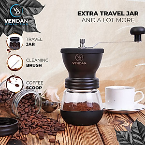VenDan Manual Coffee Grinder - Hand Crank Coffee Grinder with Travel Jar - Coffee Bean Grinder - Incl. Coffee Scoop & Cleaning Brush - Molino de Cafe