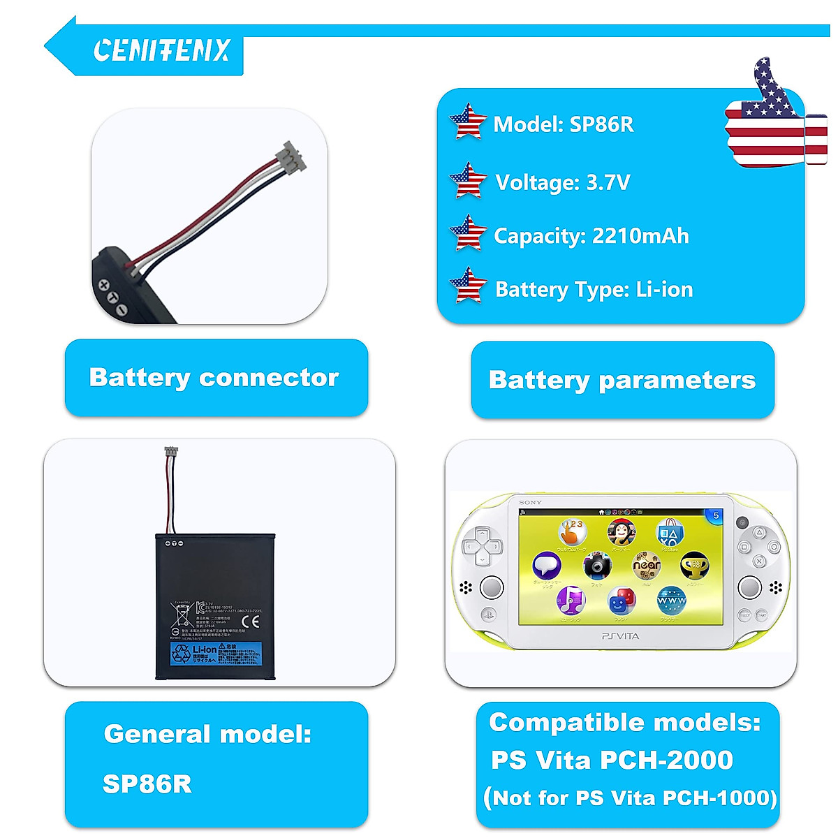 CENIFENX SP86R 3.7V 2210mAh Battery Replacement for Sony Playstation PS Vita PCH-2000 PCH-2007 Battery, with Repair Tool Kit
