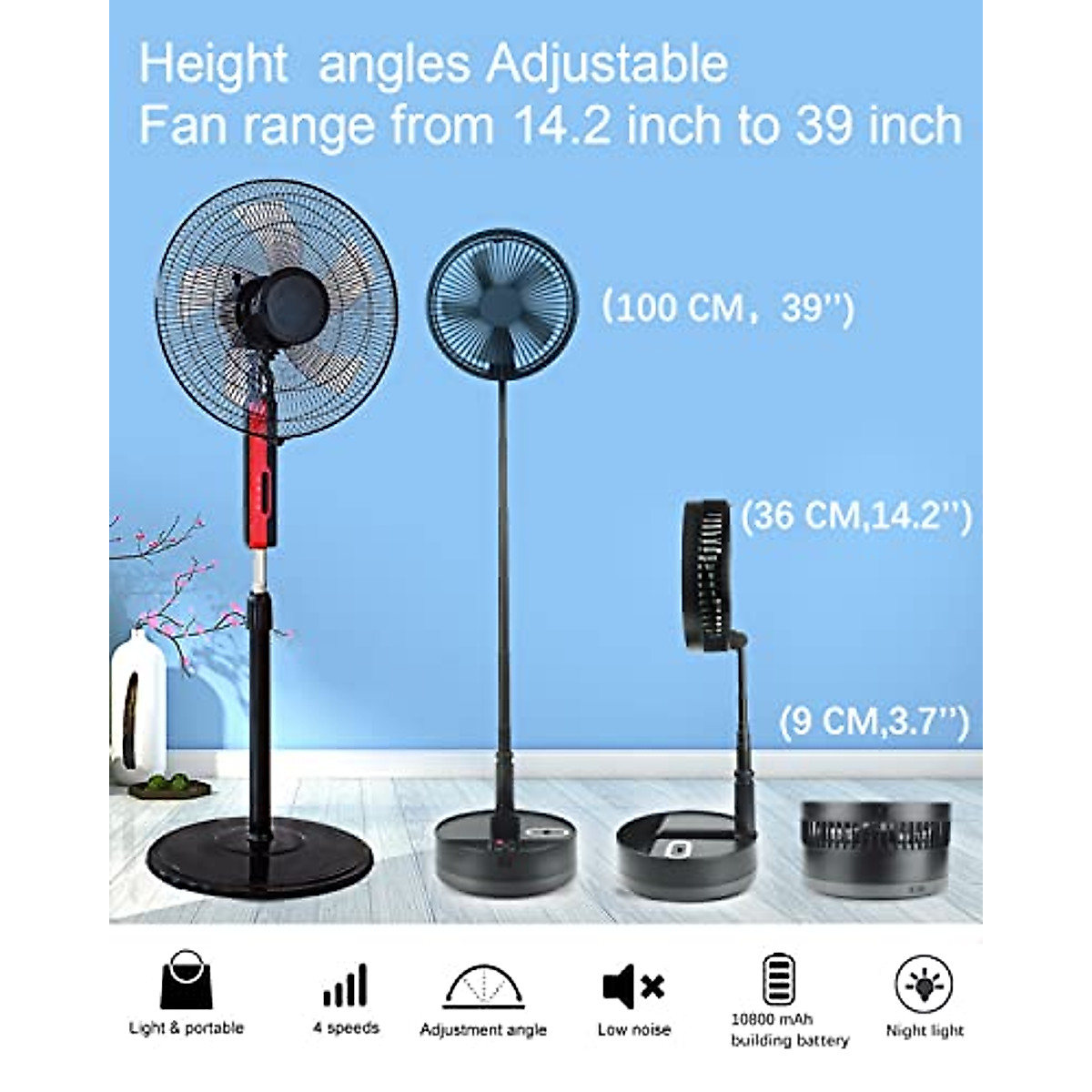 Foldable Fan Foldaway Oscillating with Remote Control, 10800mAh Battery Operated Fan, Portable Standing for Outdoor, Courtyard, Beach,Travel, Room,4 Speeds, with Timer night light (Black)