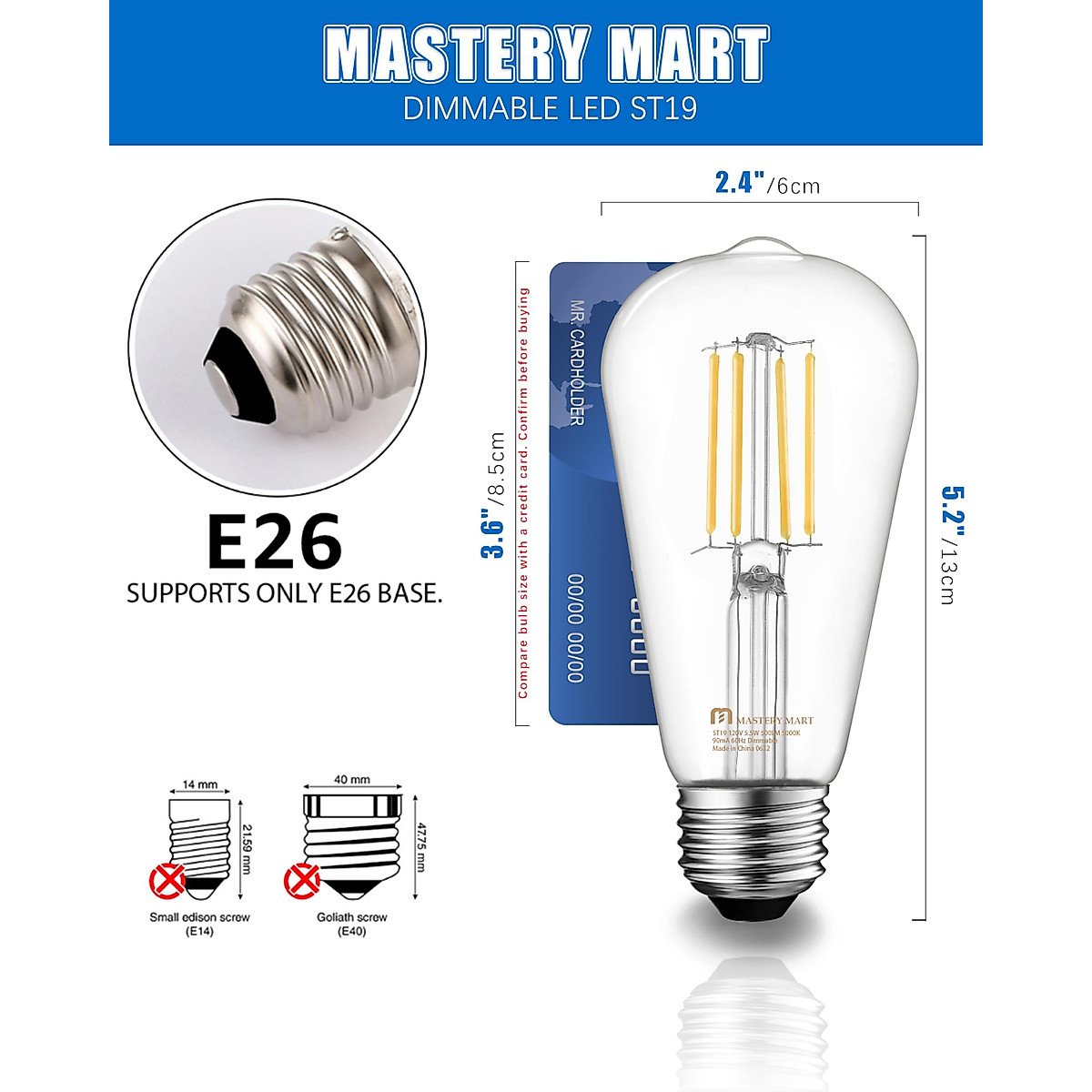 MASTERY MART 10 Pack Vintage LED Edison Bulbs, E26 Led Bulb 5.5W Equivalent to 60W, Dimmable, 4000K Cool White, High Brightness ST58 Antique LED Filament Bulbs, Clear Glass