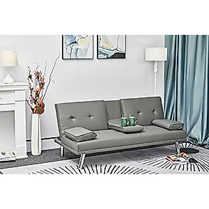 Eafurn Faxu Leather Convertible Sofa Bed with Cup Holders,Folding Futon Couch Recliner Sleeper Loveseat Reversible Daybed, Button Tufted Sofabed with Removable Pillow Top Armrests, Grey 67"