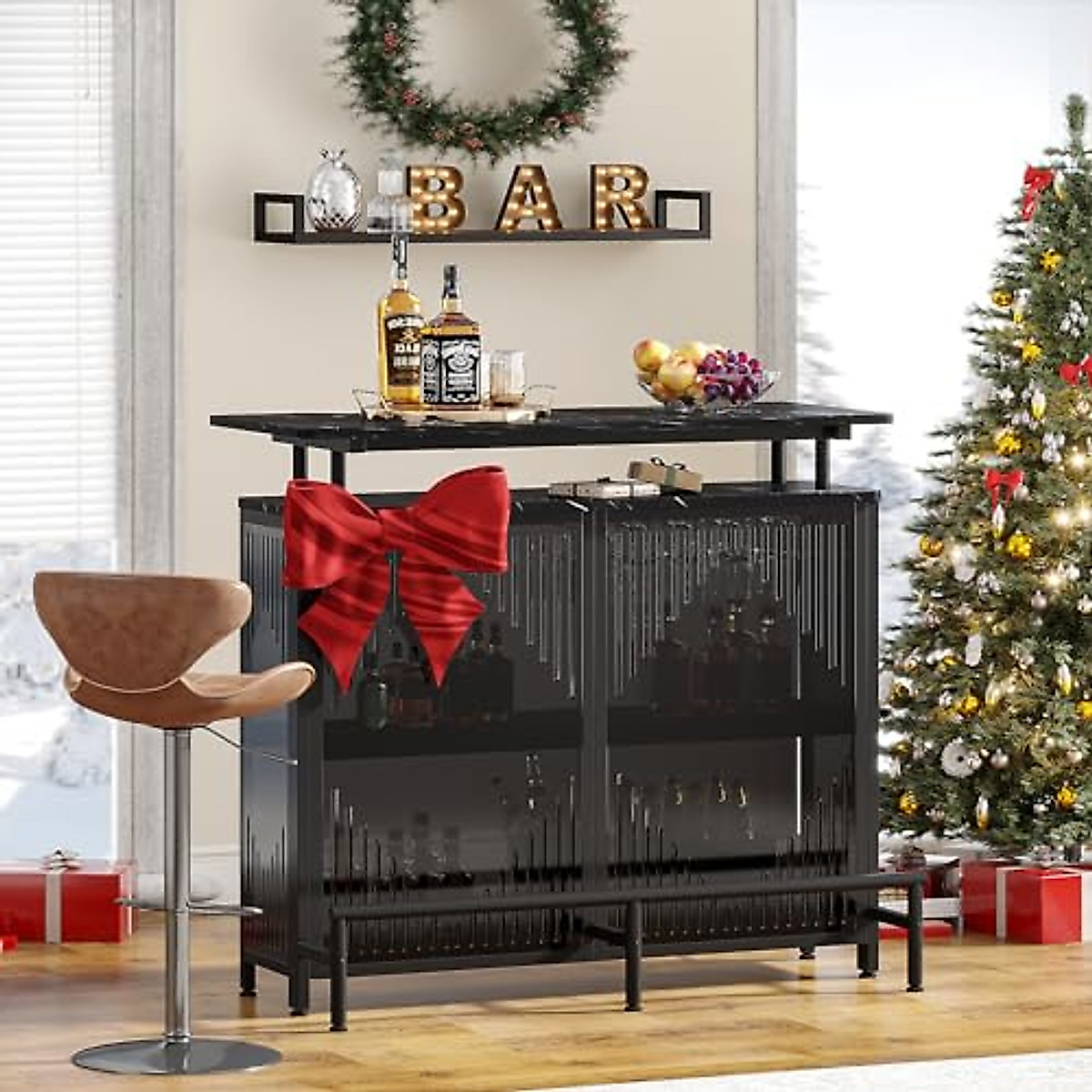 Tribesigns Home Bar Unit, 3 Tier Liquor Bar Table with Black Faux Marble Shelves and Stemware Racks, Wine Bar Cabinet Mini Bar with Acrylic Front for Home Kitchen Basement Pub, XDBAR858