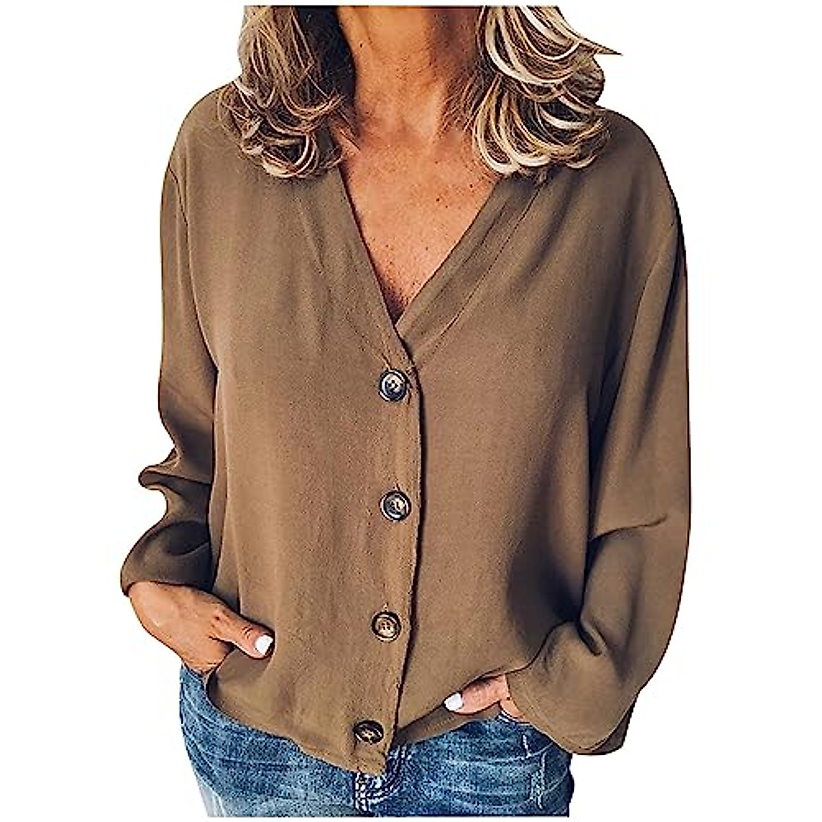 Casual Tops for Women Plus Size Button Down Chiffon Blouses Loose v Neck Button Down Tunic Shirts Going Out Date Night Tops for Women Brown XL