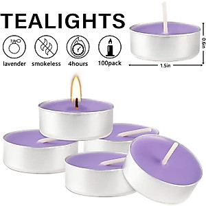 Howemon Purple Lavender Scented Tealight Candles - 4 Hours - Giant 100 Bulk Packs - Smokeless Tea Lights for Valentine's Day, Weddings,Christmas, Home Decorative