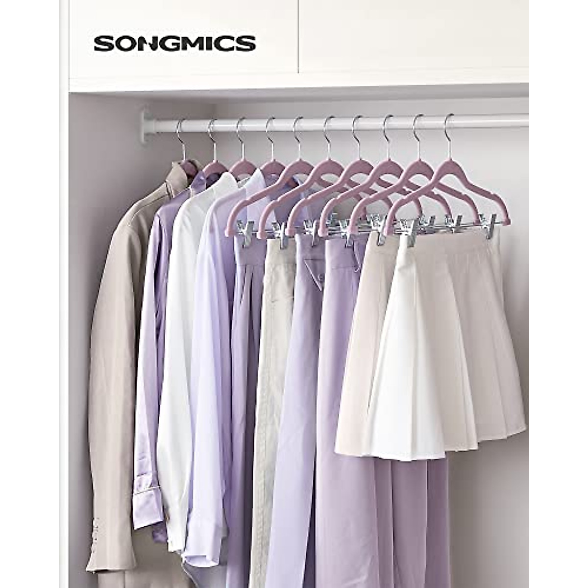 SONGMICS 30-Pack Pants Hangers and 50-Pack Clothes Hangers Bundle, Velvet Hangers with Adjustable Clips and Swivel Hooks, Space-Saving, Pale Purple and Pale Green UCRF012GP30 and UCRF021GR50