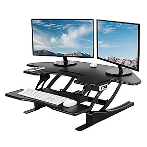 VIVO Black Electric Corner Height Adjustable 43 inch Cubicle Standing Desk Converter, Quick Sit to Stand Tabletop Dual Monitor Riser, DESK-V000VCE