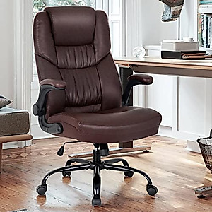 Ergonomic Office Chair PU Leather Desk Chair High Back Computer Chair with Lumbar Support Flip up Armrest Rolling Swivel Adjustable Task Chair for Adults(Brown)