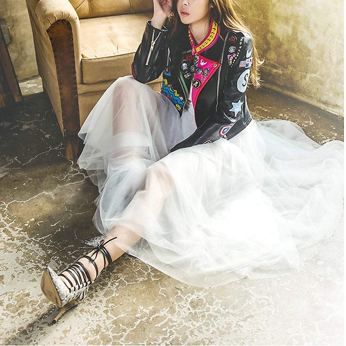 LBKKC Women's Midi Tulle Skirt Elastic Waist 3 Layered Mesh Formal Prom Party Tutu Skirt A Line(L,Off White)