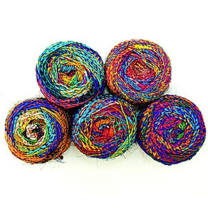Revolution Fibers Recycled Sari Silk Yarn, Multi-Color Pure Silk Yarn, Made from Handspun Used Sari Fabric Ribbon Scraps, Rainbow Yarn for Knitting, Weaving & Crocheting 100 Grams per Ball (2-Pack)