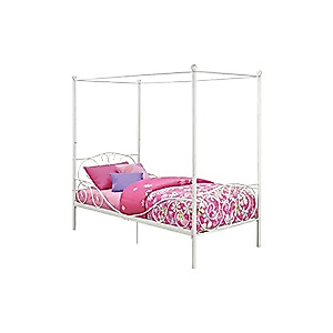 DHP Metal Canopy Kids Platform Bed with Four Poster Design, Scrollwork Headboard and Footboard, Underbed Storage Space, No Box Sring Needed, Twin, White