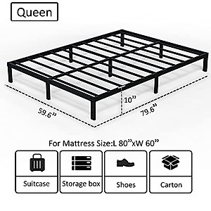 EMODA Queen Bed Frame No Box Spring Needed 10 Inch Heavy Duty Metal Platform BedFrame Queen Size with Steal Slats, Easy Assembly, Black