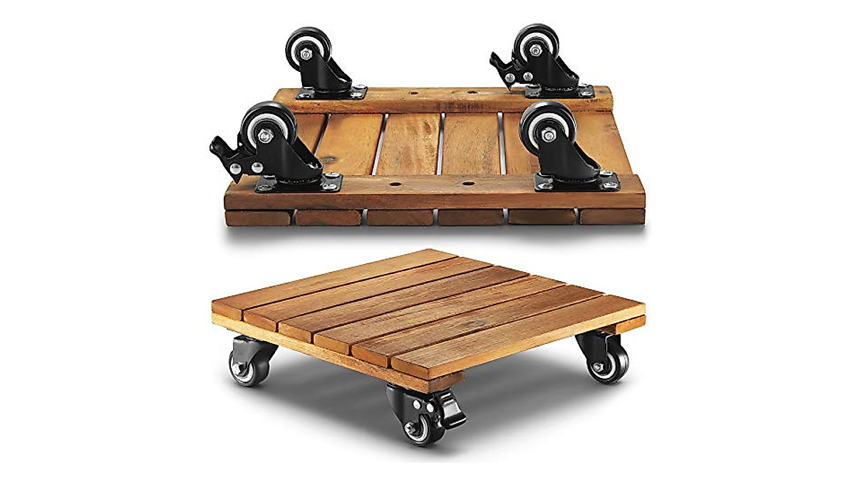 LITADA Acacia Wood Plant Caddy - Heavy Duty 12-Inch Square Dolly