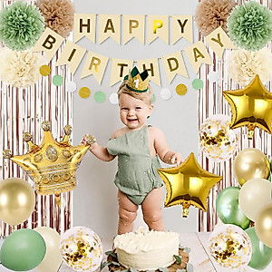 Sage Green Gold Birthday Party Decorations with Happy Birthday Banner,Fringe Curtain ,Paper PomPom,Crown Foil Balloon,Circle Dots Garland,Tassel Garland,Sand White Birthday Balloons for Women Girls