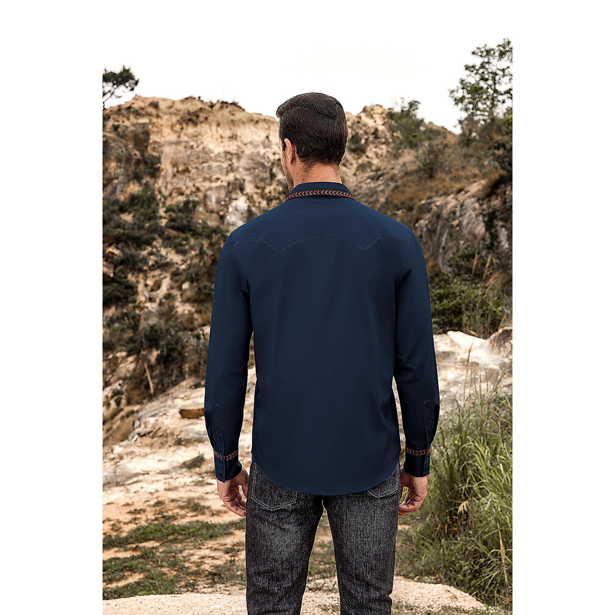 COOFANDY Western Shirts for Men with Snap Buttons Regular Fit Printed Mens Long Sleeve Shirts Casual Blue Large