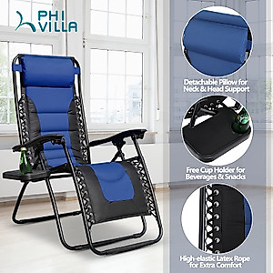 PHI VILLA Zero Gravity Chair Padded Recliner Adjustable Lounge Chair with Free Cup Holder (Blue)