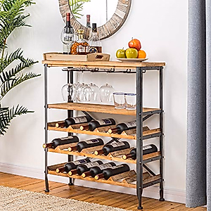 glitzhome Rustic Wine Rack 5-Tier Free Standing Floor Wine Rack for Wine Bottles and Glasses 21-Bottle Stackable Capacity Wine Storage Shelves with Glass Holder Wood Wine Rack for Kitchen Bar Pantry