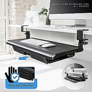EHO Keyboard Tray with Drawer - Clamp On Under Desk Pull Out Extender Table Attachment Platform with Storage Organizer, Large Size 27.5" x 12.25", Height Adjustable for Home Office