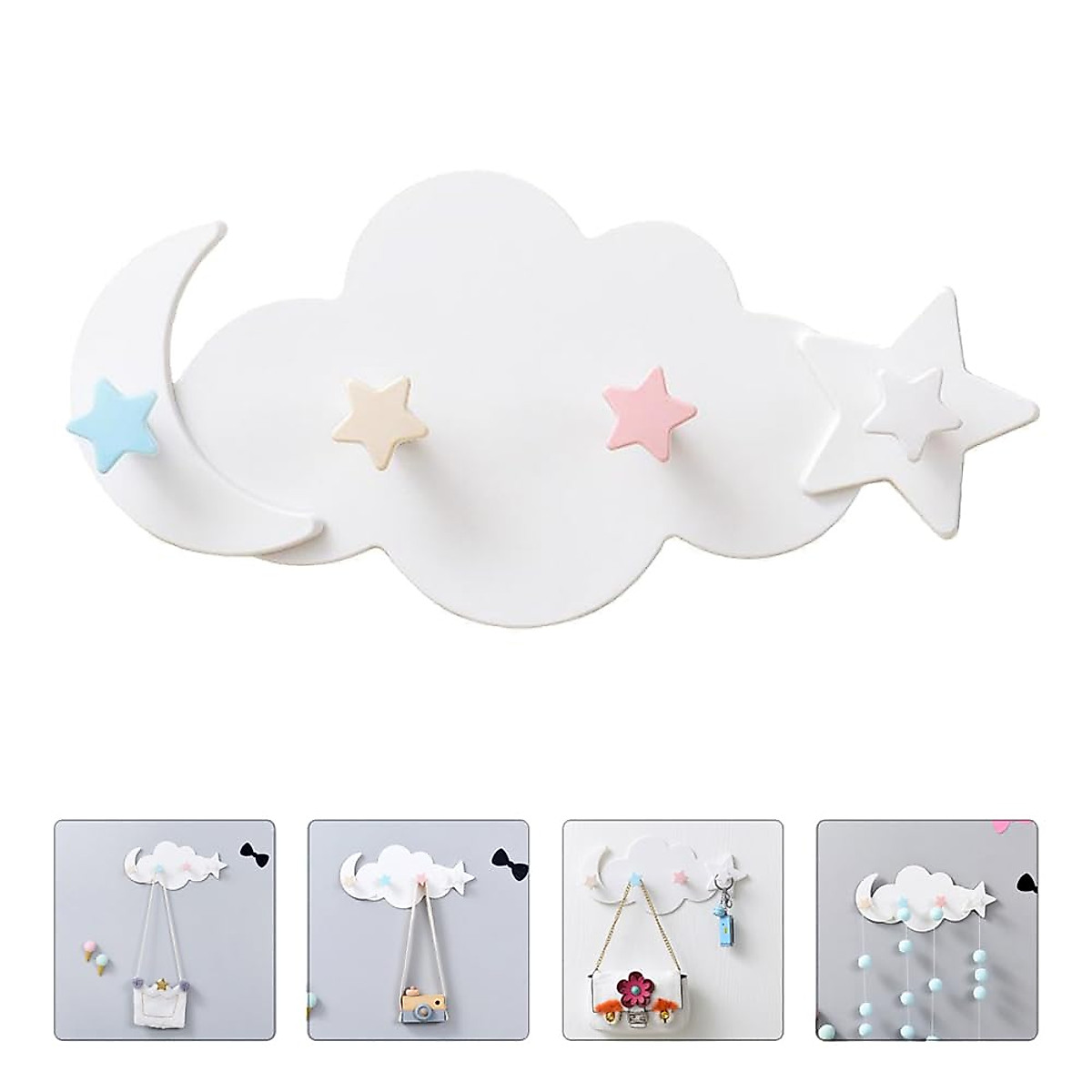 Unomor 2pcs Star Moon Hook Entryway Organizer Cute Wall Hooks Coat Hanger Wall Mount Coat Hooks Bathroom Hooks Towels Small Sticky Hooks Towel Rack White The Clouds Nightgown Plastic