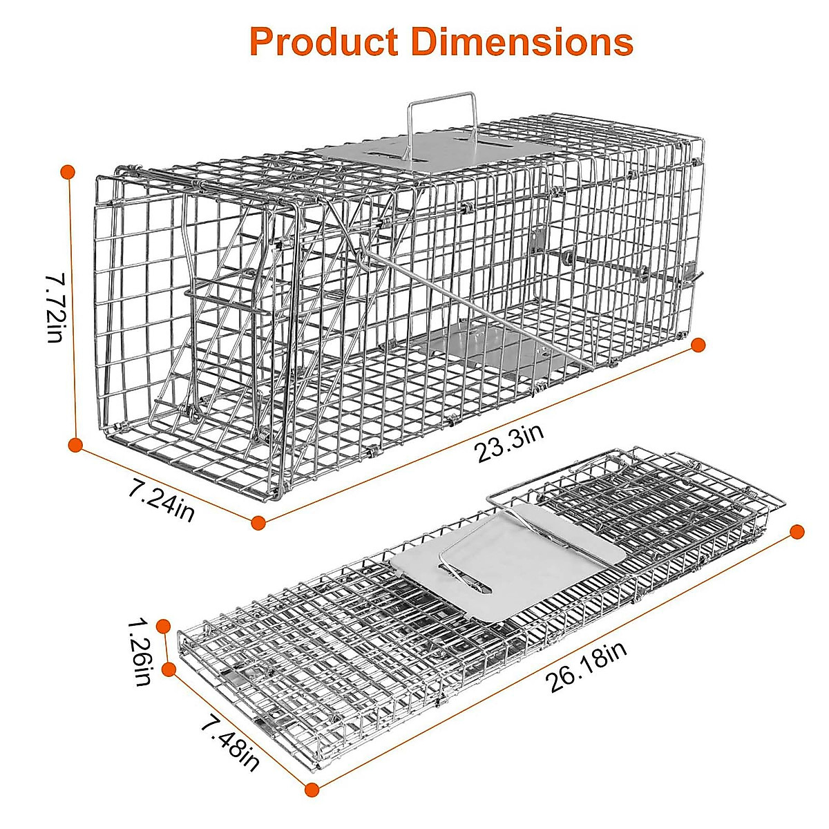 Live Animal Cage Trap, 23.3x7.2x7.7 Inches Humane Cat Trap for Stray Cats, Outdoor Heavy Duty Foldable Raccoon Traps, Humane Catch & Release Live Traps for Rabbits, Squirrels