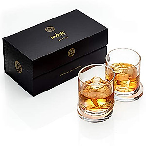 JoyJolt Aqua Vitae Whiskey Glass Set of 2. Round Whiskey Glasses with Off Set Base. Old Fashioned Rocks Glasses for Scotch and Bourbon. Unique Whiskey Tumbler Gifts for Men